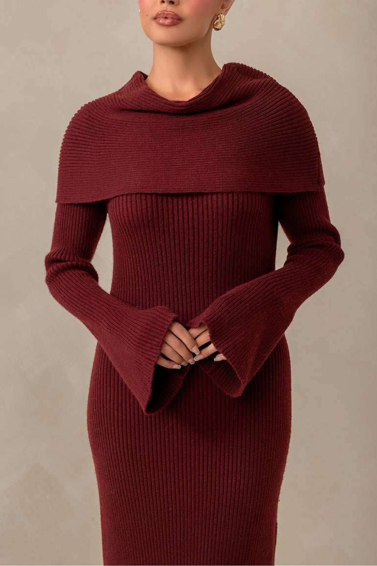 Cassandra Over the Shoulder Knit Dress - Burgundy – Zahraa The Label